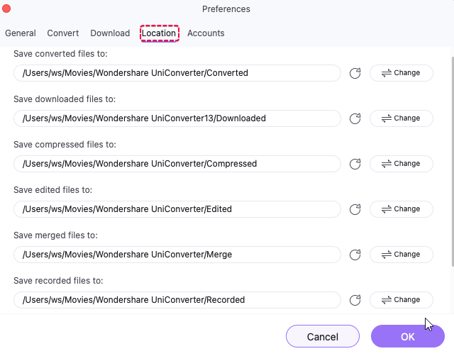 change the location of the output folder in uniconverter